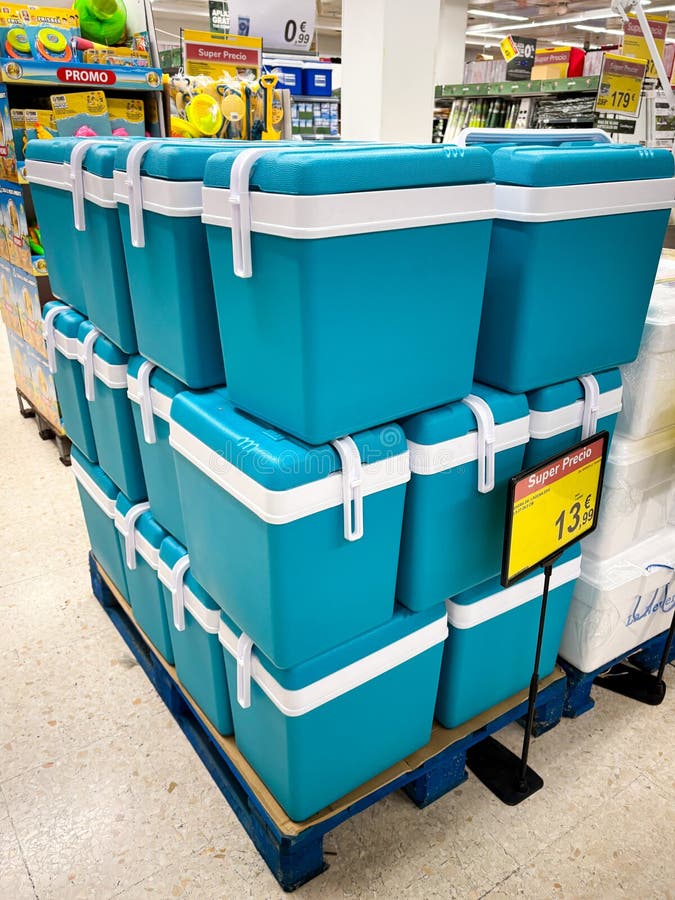 Stack of Vibrant Blue Coolers Displayed in a Retail Store Showcasing ...