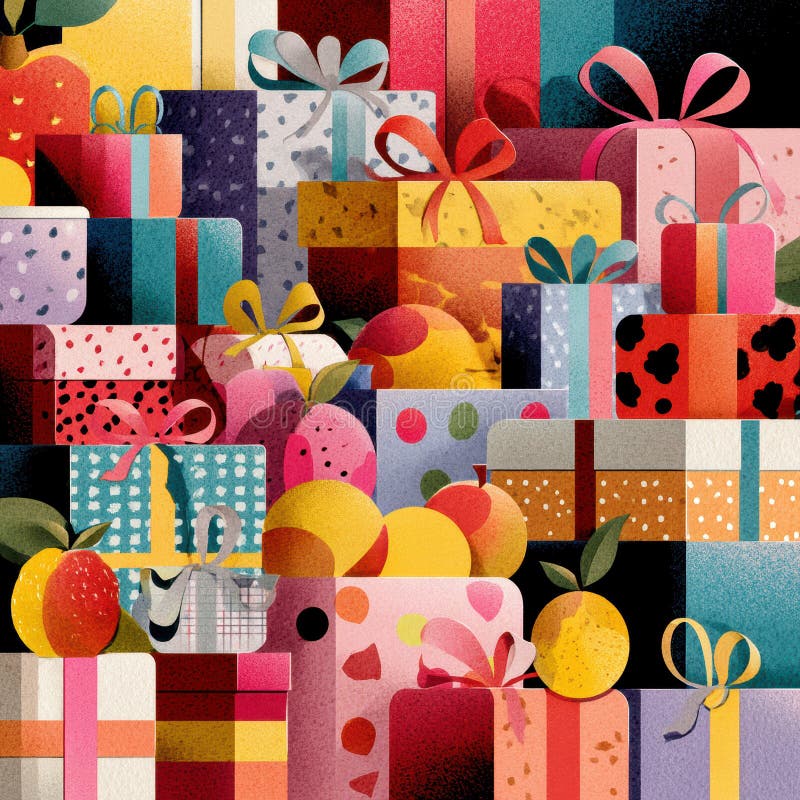 Stack of Vibrant, Illustrated Gift Boxes with Unique Patterns, Ribbons, and Bows in a Whimsical ...