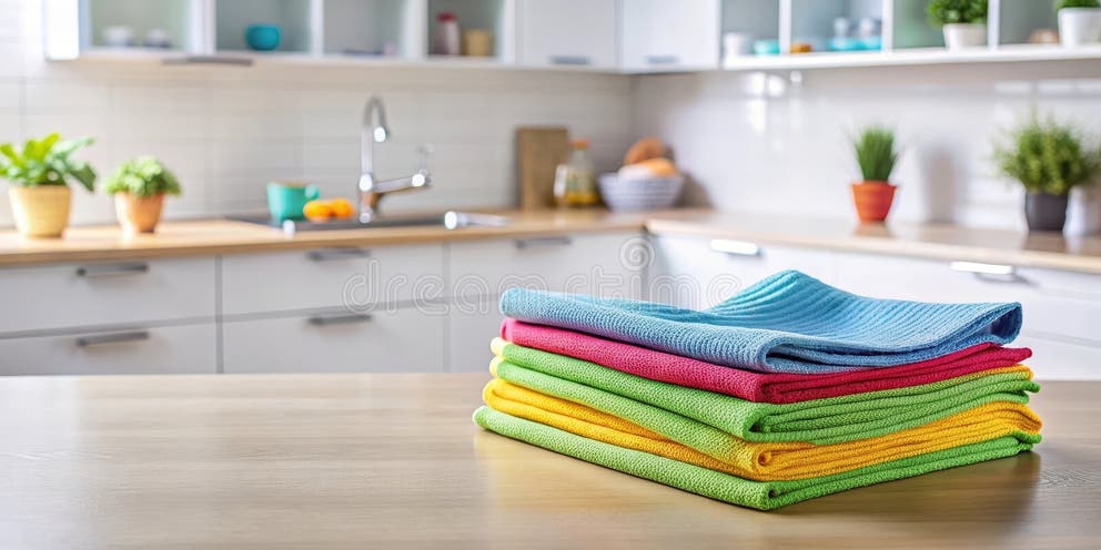 Stack of Vibrant Kitchen Cloths on a Light Wood Countertop in a Modern ...
