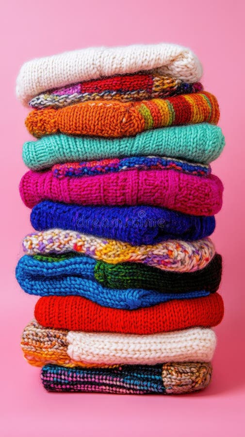 Stack of Colorful Knitted Blankets with Vibrant Hues on Pink Background ...