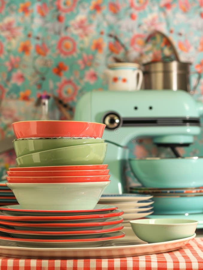 A Stack of Vibrant, Retro Plates Neatly Arranged on a Wooden Table ...