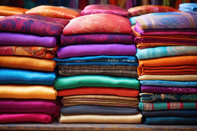 Stack of Vibrant Silk Fabrics Displayed in a Textile Market Stock Photo ...
