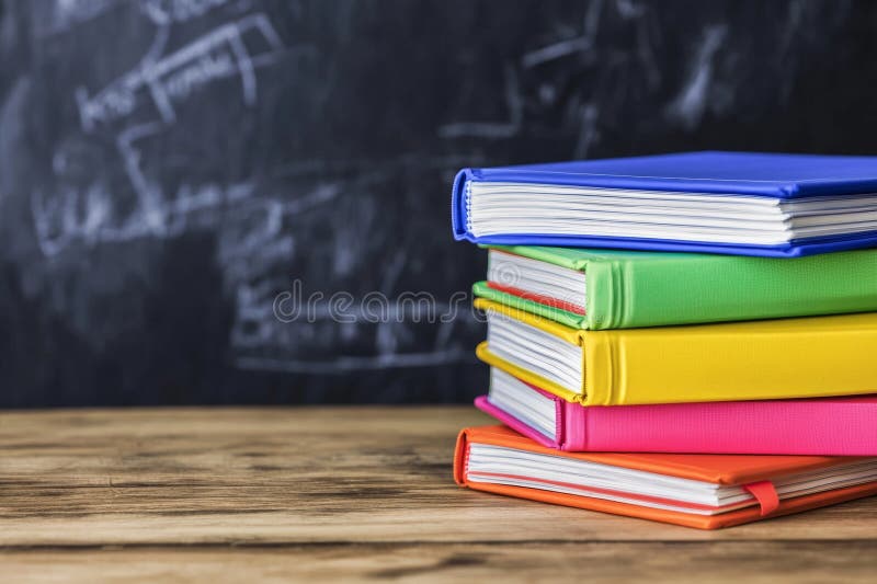 A Stack of Vibrant Textbooks Sits on a Wooden Desk, while a Blackboard ...