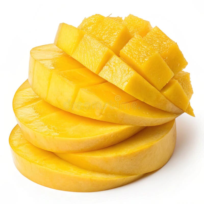Stack of Vibrant Yellow Mango Slices Isolated on White Background Stock ...