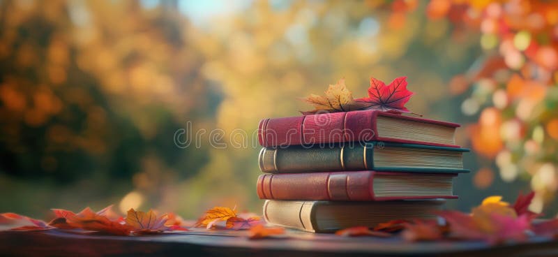 Stack of Vintage Books Adorned with Autumn Leaves in a Colorful Fall ...
