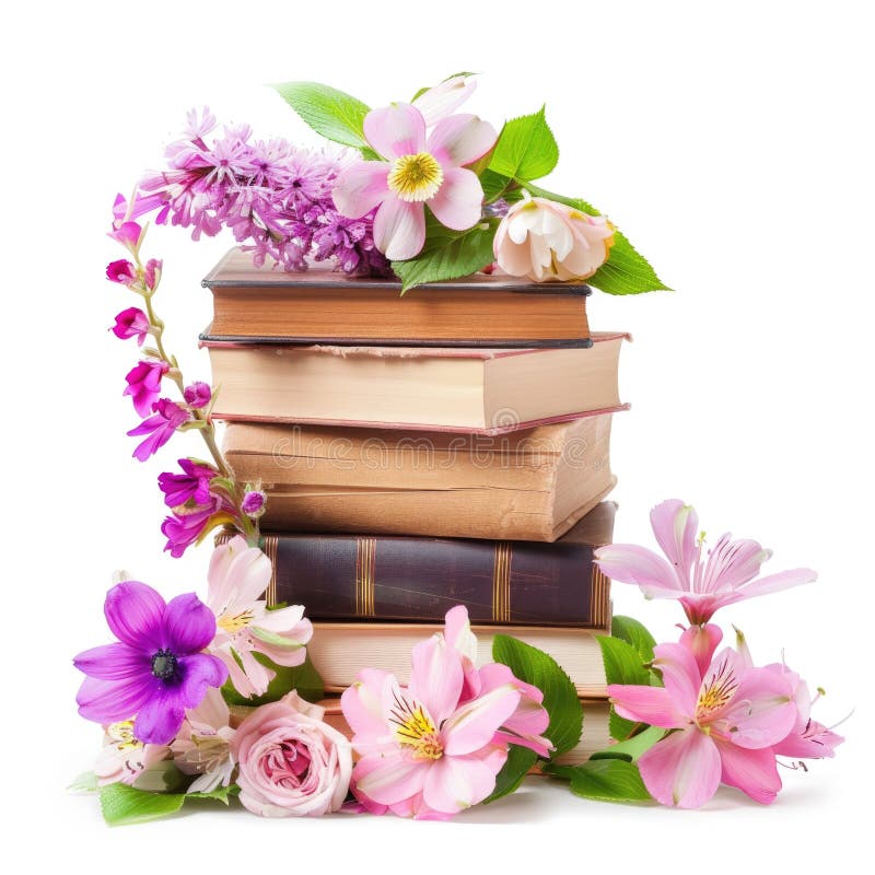 Stack of Vintage Books Adorned with Fresh Spring Flowers Against a ...