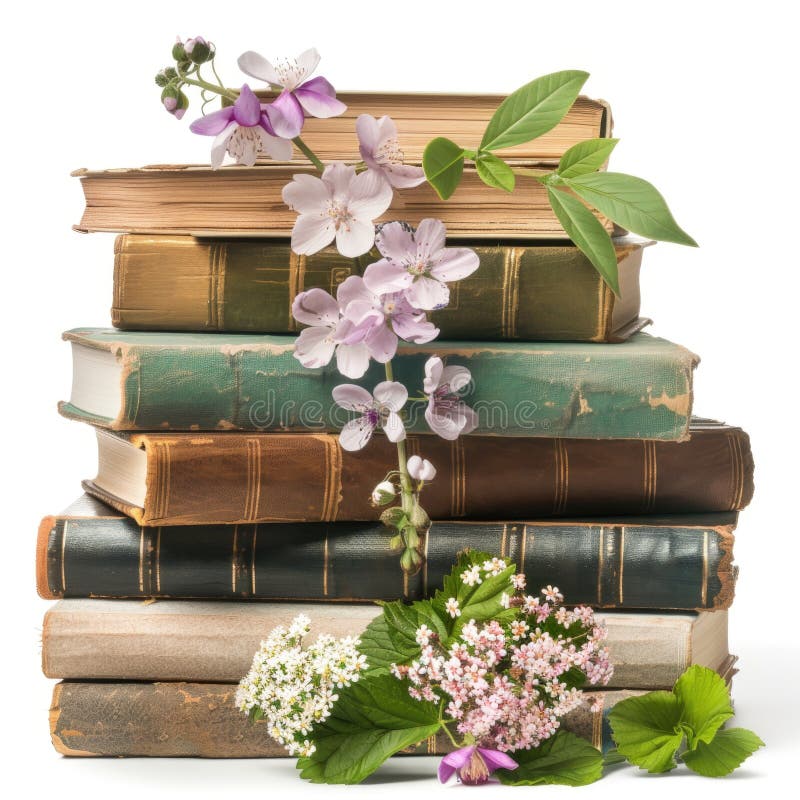 Stack of Vintage Books Adorned with Fresh Spring Flowers Against a ...