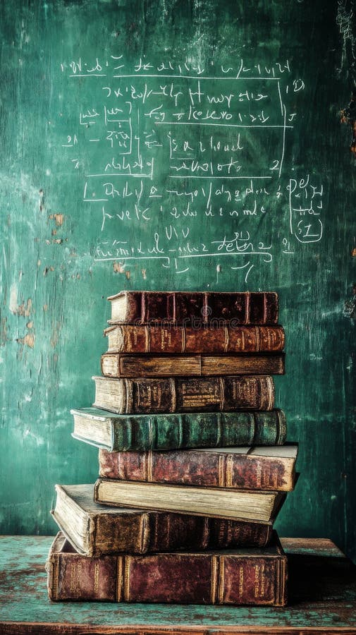Stack of Vintage Books with Chalkboard Equations in Background Stock ...