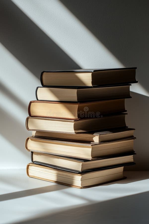 Stack of Vintage Books with Dramatic Shadows on a Sunlit Surface in a Minimalist Setting Stock ...