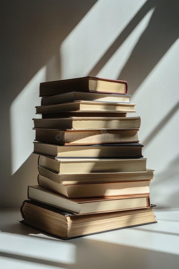 Stack of Vintage Books with Dramatic Shadows on a Sunlit Surface in a ...