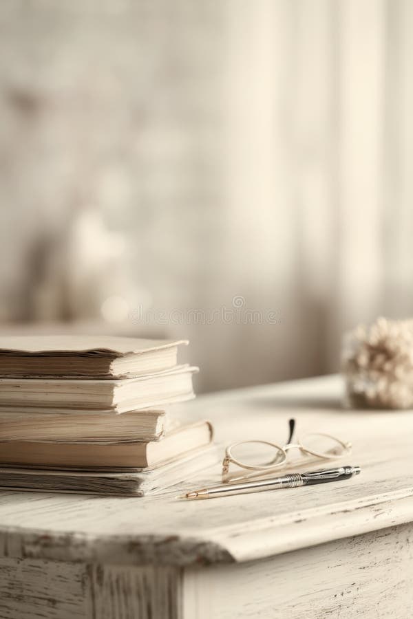 Stack of Vintage Books and Eyeglasses on Whitewashed Wooden Desk Stock ...