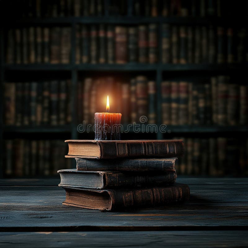 Stack of Vintage Books with a Lit Candle Atmospheric Library Background ...