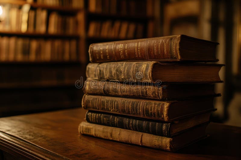 Stack of Vintage Books in an Old Library Illuminated by Warm Ambient ...