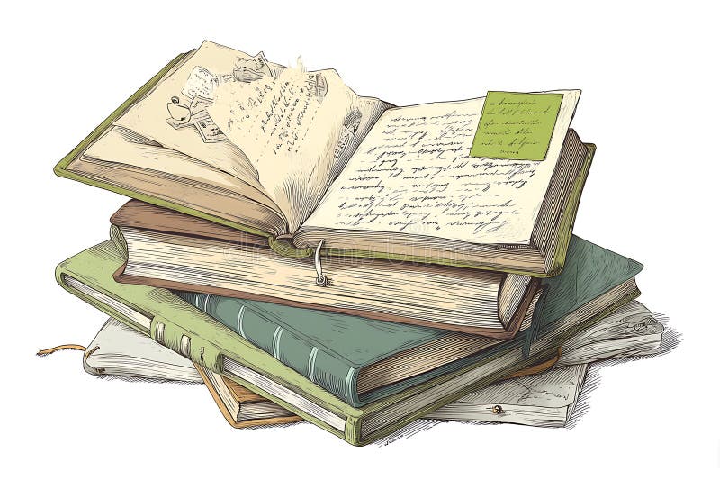 Stack of Vintage Books with Open Diary and Handwritten Notes Stock ...