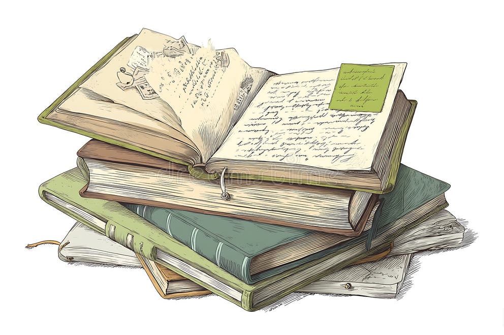 Stack of Vintage Books with Open Diary and Handwritten Notes Stock ...