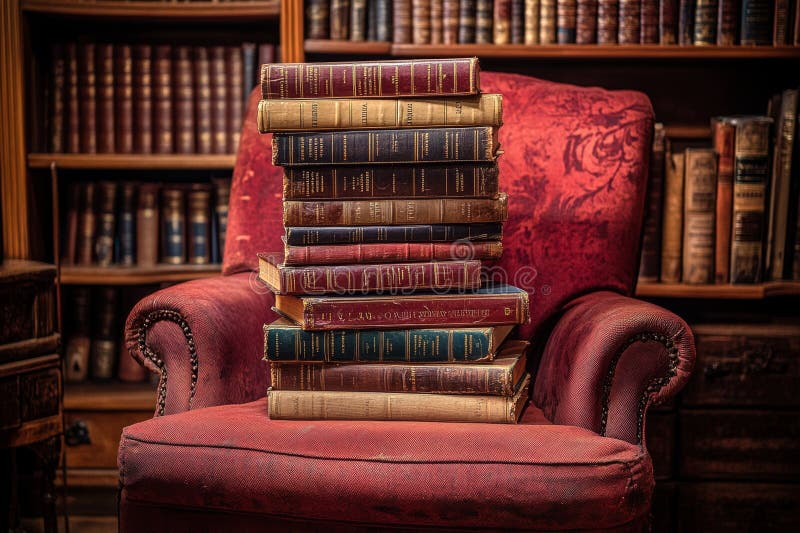 Stack of Vintage Books on a Red Armchair in a Classic Library Stock ...