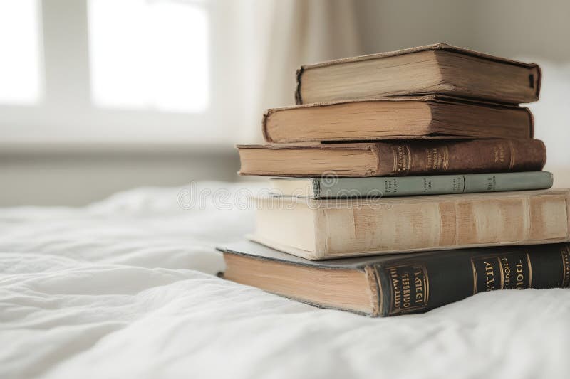 Stack of Vintage Books Resting on a Cozy Bedspread Generative AI Stock ...