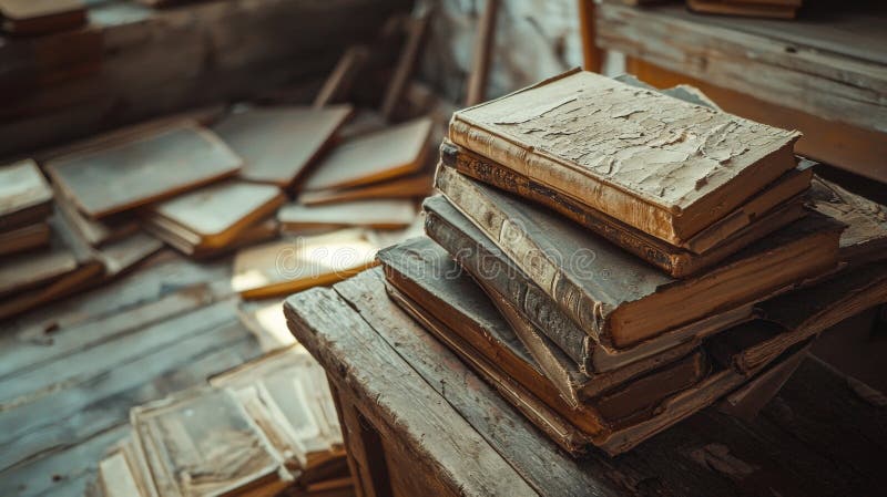 Stack of Vintage Books in Rustic Library Setting Stock Image - Image of ...