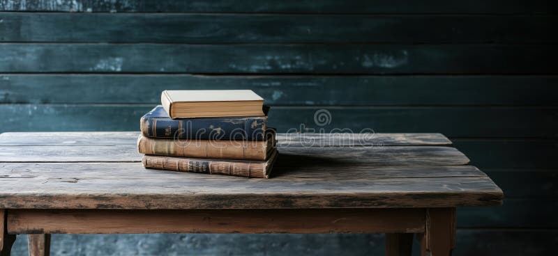 Stack of Vintage Books on Rustic Wooden Table, Dark Background ...