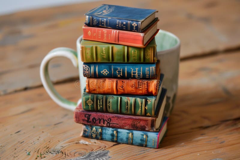 A Stack of Vintage Books Sits on a Wooden Table beside a Mug Stock ...