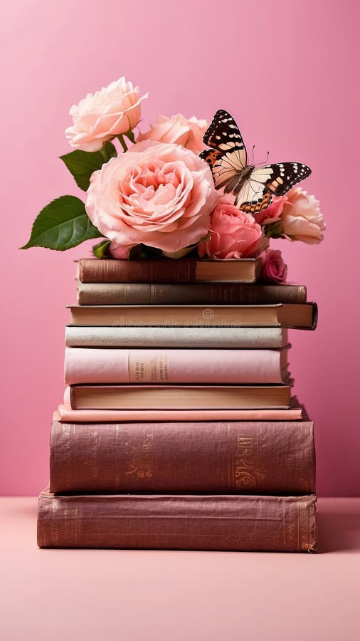 Stack of Vintage Books Topped with Pink Roses and a Butterfly, All Set ...