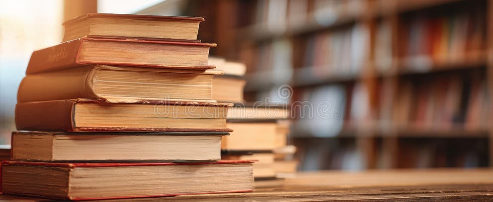 The Stack of Vintage Books on a Wooden Desk in a Cozy Library Setting ...