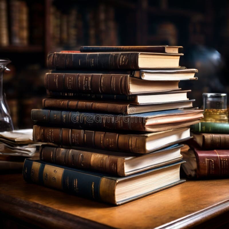 Stack of Vintage Books on a Wooden Table in a Library Stock Image ...