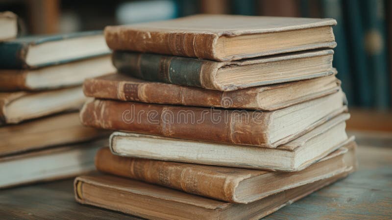 Stack of Vintage Books with Worn Covers on Rustic Wooden Table in Cozy ...