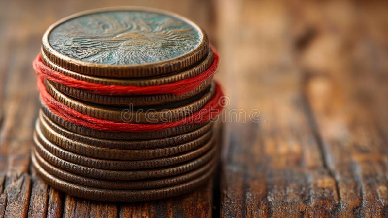 Stack of Vintage Coins Tied with Red String on a Decorative Fabric ...