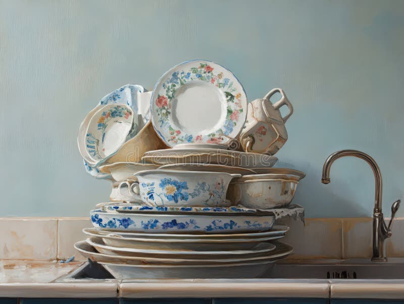 Stack of Vintage Floral Dinnerware in Rustic Kitchen Setting Stock ...