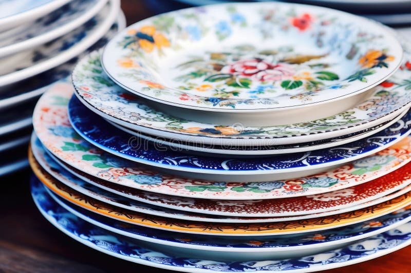 A Stack of Vintage Folk Floral Patterned Porcelain Plates. Generative ...
