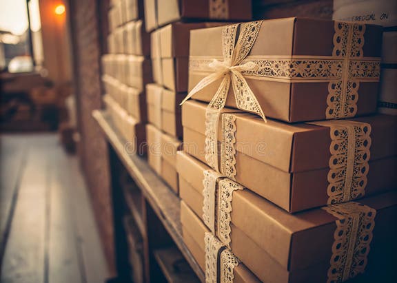 Stack of Vintage Gift Boxes with Lace Ribbon in Warm Lighting Stock ...
