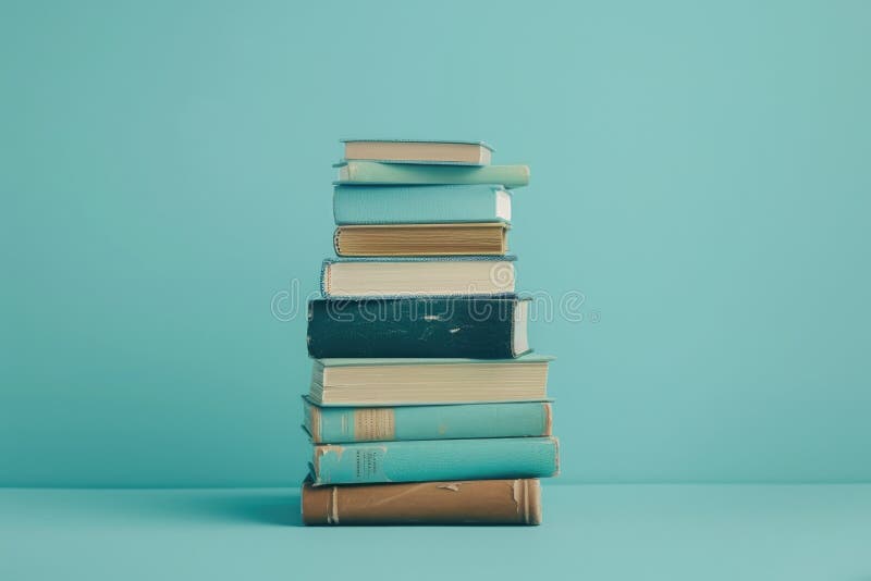 Stack of Vintage Hardcover Books on Blue. Education and Back To School ...