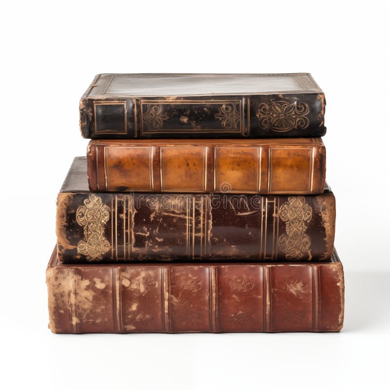 Stack of Vintage Leather Books with Worn Covers on White Background ...