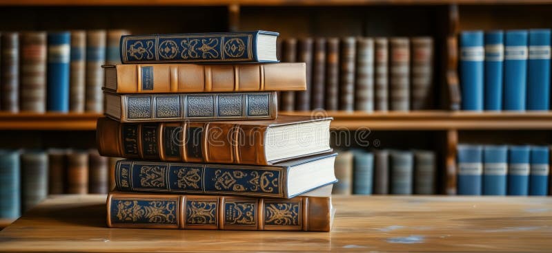Stack of Vintage Leather-bound Books on Wooden Table in Library Setting ...