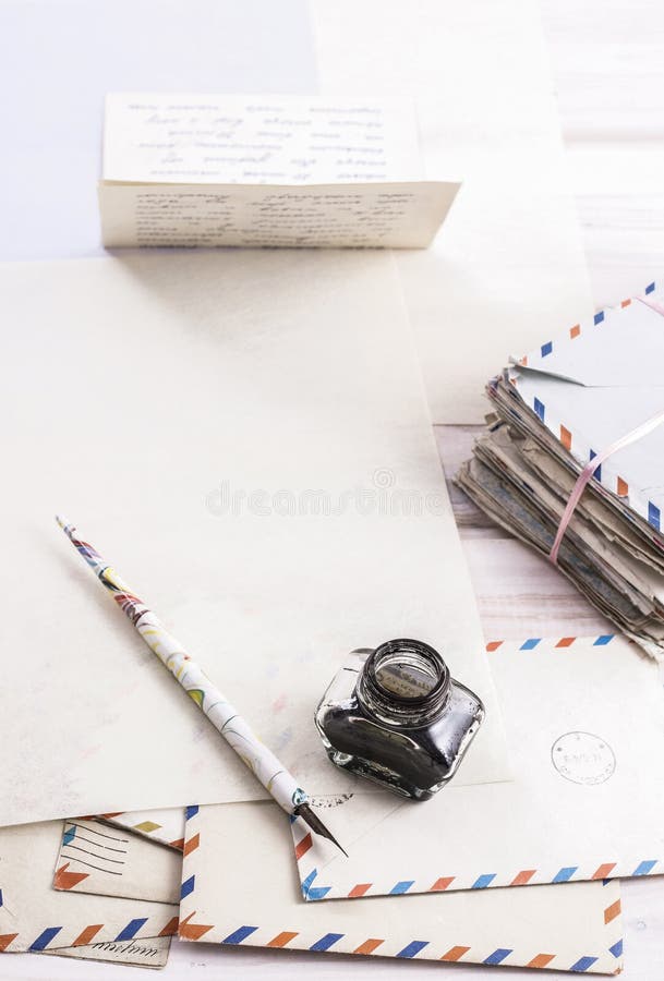 Stack of Vintage Letters on Wooden Table Stock Image - Image of send ...