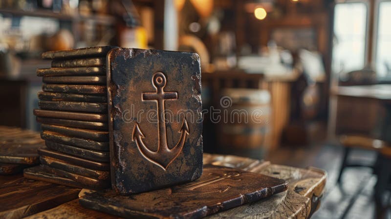 Stack of Vintage Nautical-themed Coasters with Anchor Emblem in a ...
