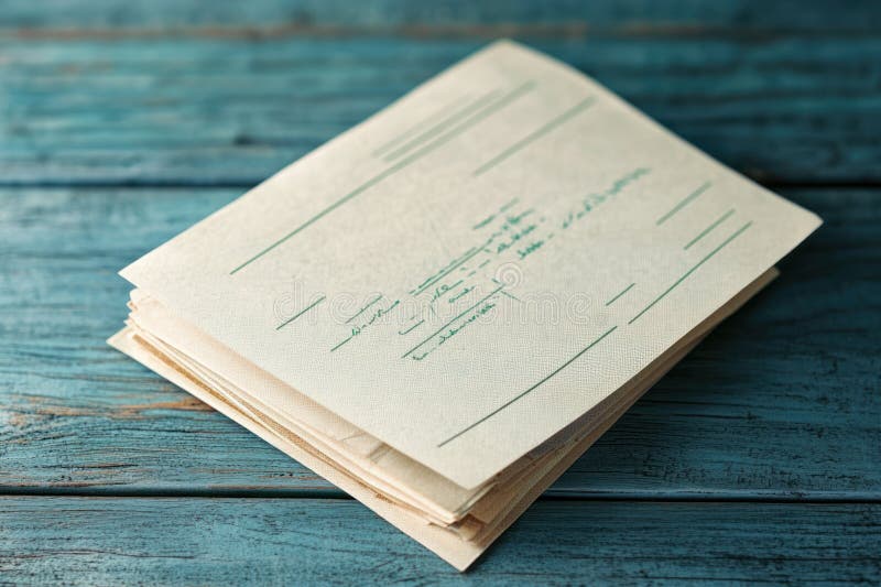 Stack of Vintage Papers on Rustic Blue Wooden Surface. Nostalgic ...