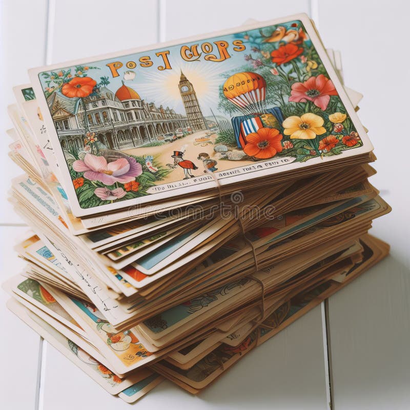 118 46. a Stack of Vintage Postcards, Showcasing Colorful Illus Stock ...