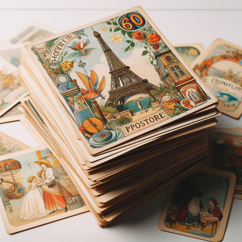 119 46. a Stack of Vintage Postcards, Showcasing Colorful Illus Stock ...