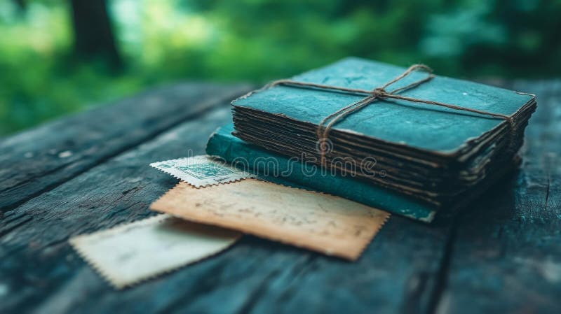Vintage Postcards Tied with String on a Wooden Table Surrounded by ...