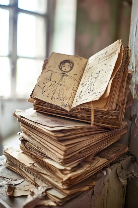 Stack of Vintage Sketchbooks with Hand-drawn Illustrations in Sunlit ...