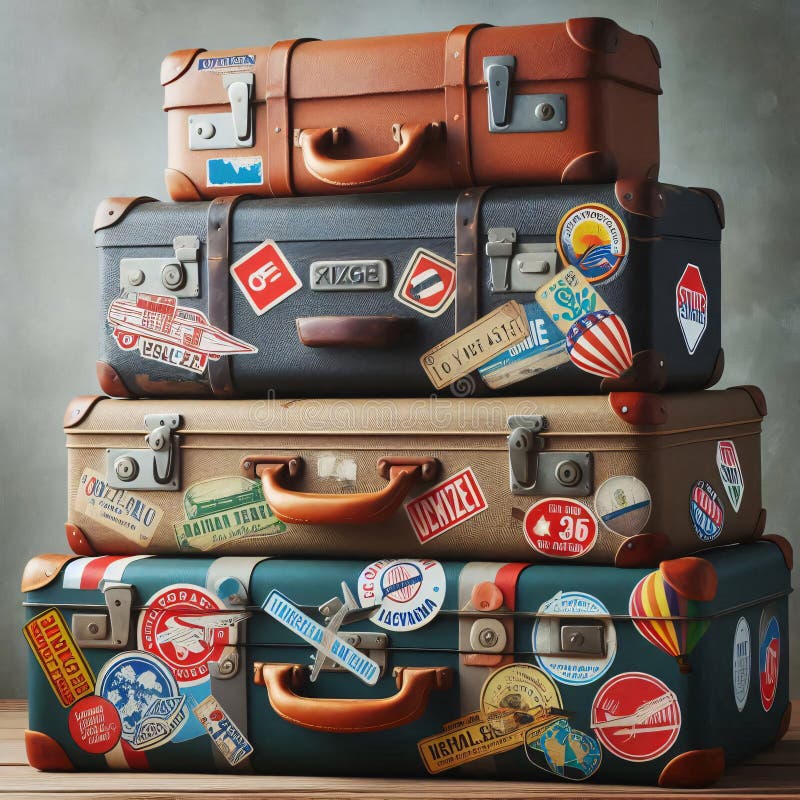A Stack of Vintage Suitcases Adorned with Travel Stickers from Various ...