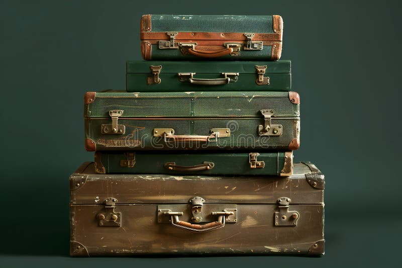 A Stack of Vintage Suitcases on Dark Green Background, Representing ...