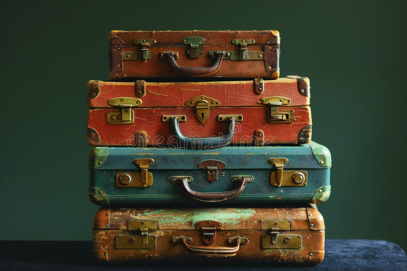 A Stack of Vintage Suitcases on Dark Green Background, Symbolizing ...