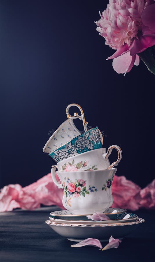 Stack of vintage tea cups stock photo. Image of design - 184455384
