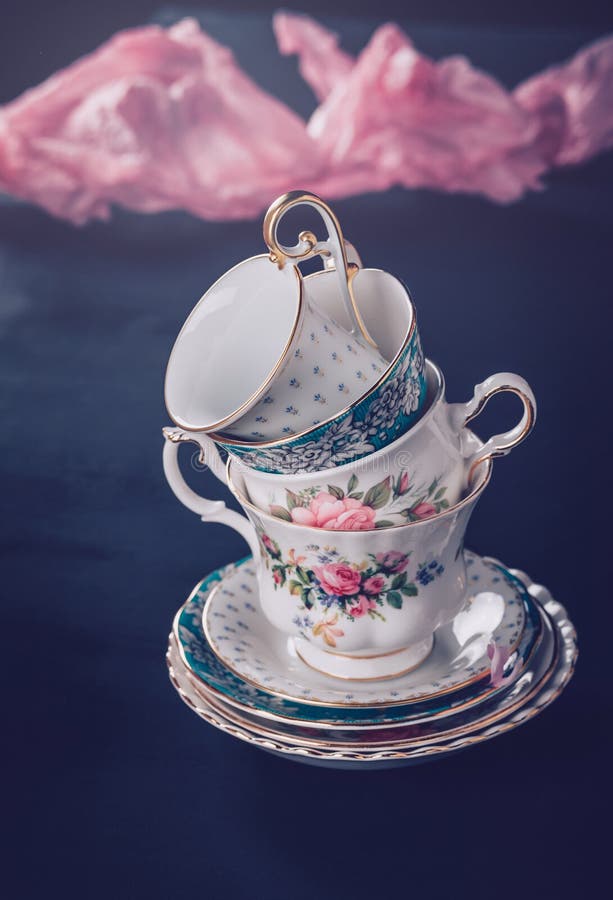 Stack of vintage tea cups stock image. Image of ceramic - 184455411