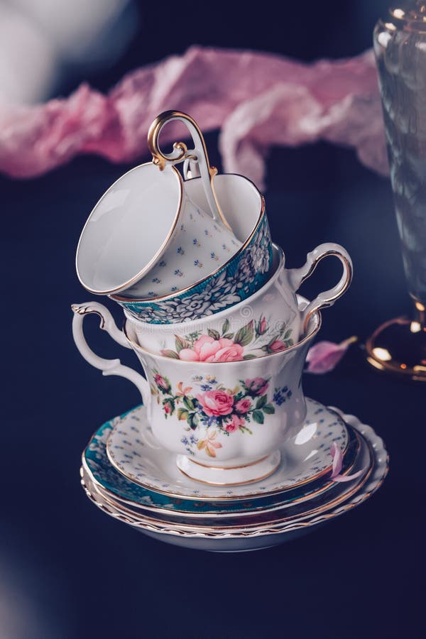 Stack of vintage tea cups stock image. Image of collect - 184455477