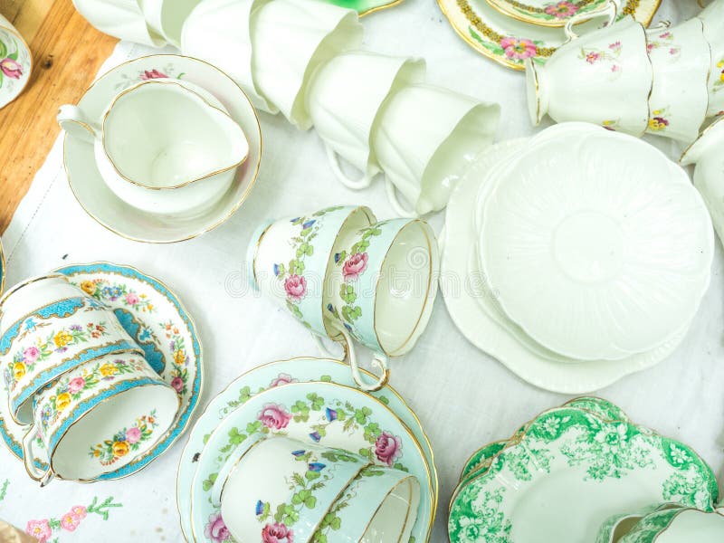 Stack of Vintage Tea Cups for High Tea. Stock Image - Image of dinner ...