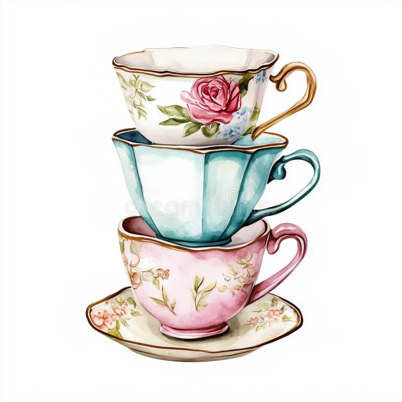 Stack of Vintage Teacups with Floral Patterns in Pastel Colors Stock ...